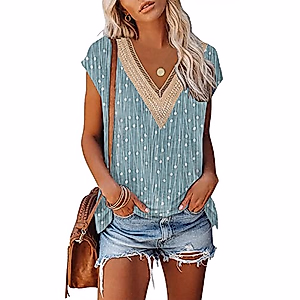 Basic Tops for Women Trendy Cap Sleeve Casual Shirts Floral Print Lace V Neck Loose Fit Blouses