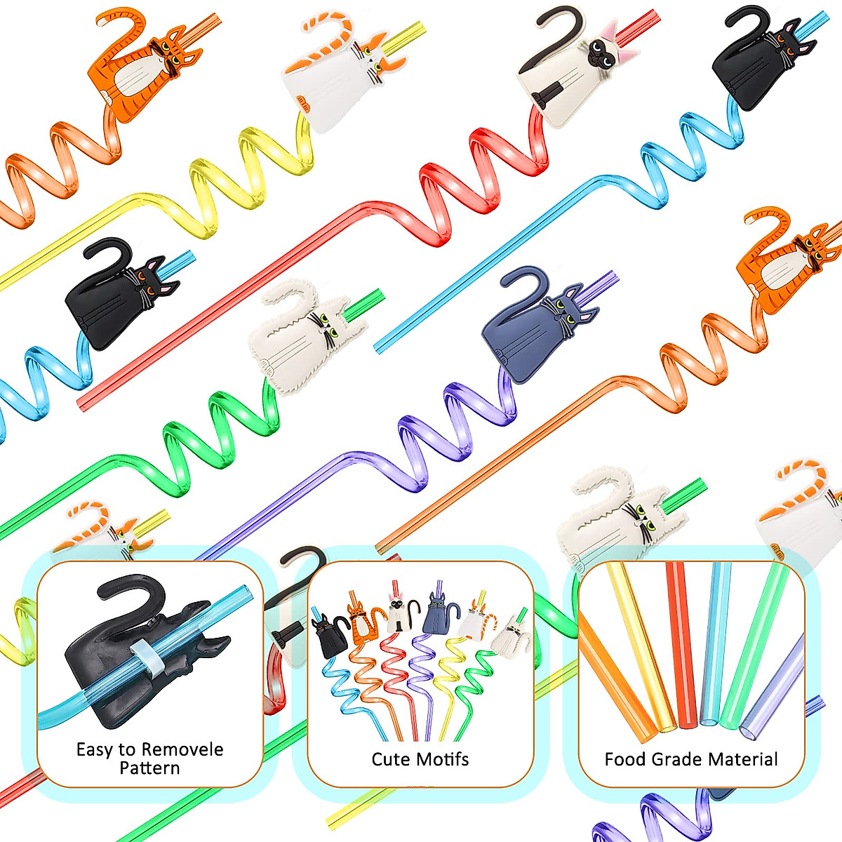 Cat Party Supplies, 24Pcs Cat Straws and 2Pcs Cleaning Brushes, Reusable Plastic Cat Straws, Cat Party Supplies Favors，Birthday Party Decorations