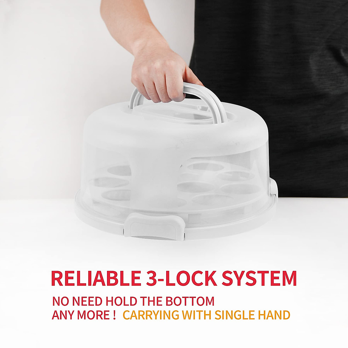 HOYA PONYOO Portable Cake Carrier with Handle, Round Cupcake Holder with Lid, Plastic Storage Container Box fit 10 inch Cake, 3-Locking Muffin and Pies Keeper with Cover (White)