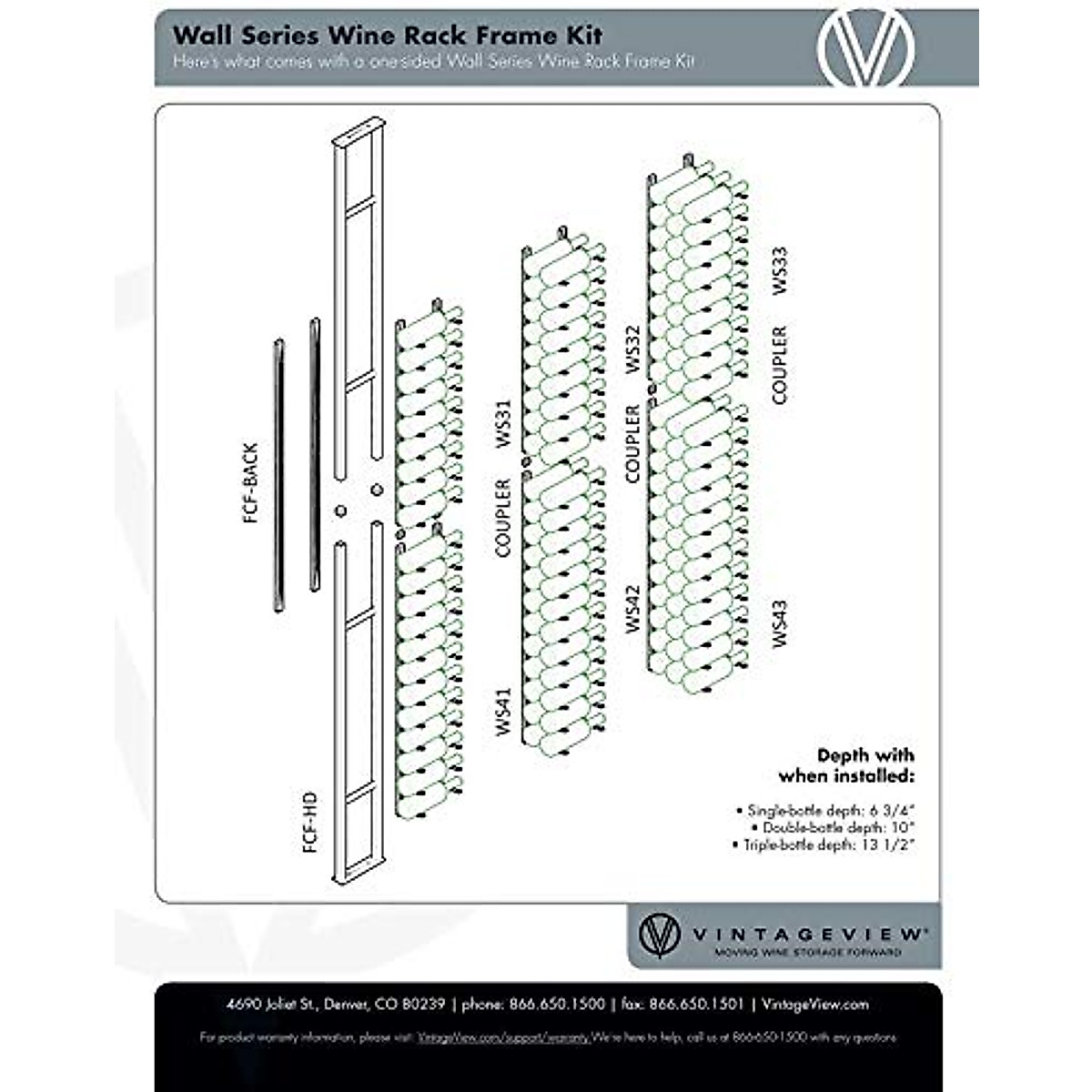 VintageView W Series One-Sided Floating Wine Rack Kit (42 Bottles, Chrome Plated) Stylish Modern Wine Storage with Label Forward Design
