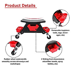 Toolly Rolling Mechanic Stool, 300 Lbs Capacity Detailing Garage Roller Chair Creeper Seat with Pull Out Storage Drawer for Brake Jobs, Car Detailing, Cleaning