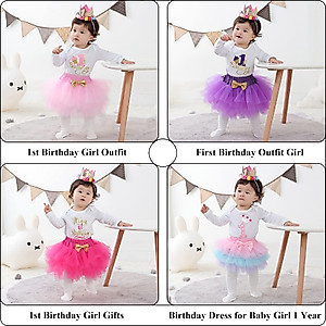 HOSUKKO Baby Girl Half/First / 2nd Birthday Outfits, Long Sleeve Onesie & Tulle Tutu Skirt & Cable Knit Tights & Crown & Headband, Toddler Girls' Skirt Clothes Sets for Pictures (5 pcs),Multi,12-18M