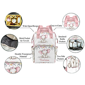 Pink Floral Bow Elephant Girl Personalized Diaper Backpack with Name,Custom Travel DayPack for Nappy Mommy Nursing Baby Bag One Size