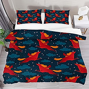 DragonBtu Unicorns Red 3 Piece with 2 Pillow Shams Comfortable Print Bedding Set Soft Comforter Cover Set for Women Girl
