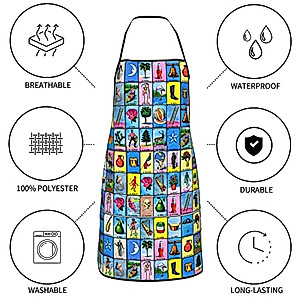 GregTins Colorful Mexican Loteria Cards Apron Bib Apron With Pocket Funny Kitchen Aprons For Women Chef Cooking Bbq Drawing