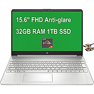 HP Business 15 Laptop Computer 15.6" FHD Anti-Glare Display AMD Hexa-Core Ryzen 5 5500U (Beats i7-10510U) 32GB RAM 1TB SSD USB-C HD Webcam Win10 Pro Silver + HDMI Cable