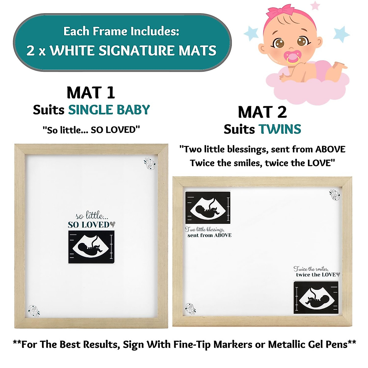 Baby Shower Guest Book Frame, SonogramUltrasound Picture Frame to Sign with 2 Mats for One Baby or Twins (12 inch Wx14.5 inch H) Pregnancy Baby Keepsake Gift, Mom to Be Gift (Natural Oak), Large