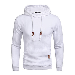 COOFANDY Mens Long Sleeve Drawstring Plaid Jacquard Hooded Sweatshirt, White, Large