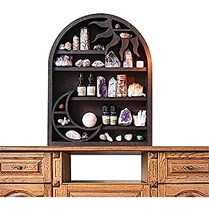 Crystal Shelf Display Crescent Moon Rack Witchy Crystal Holder for Stones Essential Oils Essentials Shelves Wall Decor Rustic Wooden Display Boho Meditation Home Decor (Model1-House)