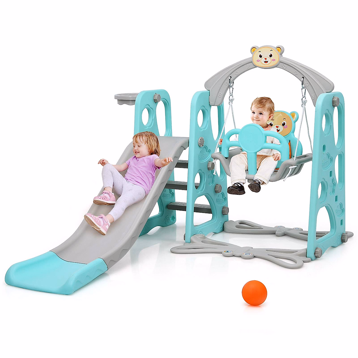 Costzon 4 in 1 Toddler Slide and Swing Set, Little Bear Indoor Outdoor Baby Swing with Slide, Swing, Climber, Basketball Hoop and Ball, Kids Climber Playground Playset for Girls Age 1+ Gifts Presents