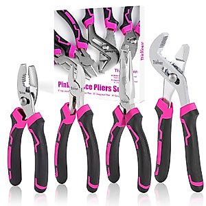 4PC Pliers Set, Premium CR-V/Cr-Ni Pink Pliers Tool Sets for Women, With Needle-Nose Plier, Slip Joint Plier, Groove Joint Plier and Diagonal Plier, for Basic Repair