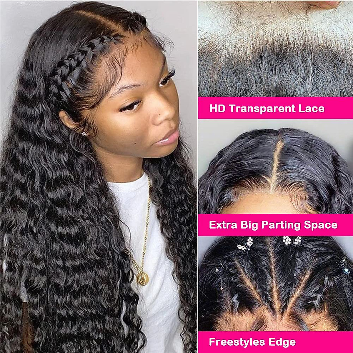 Nervoss Water Wave 13x4 HD Transparent Lace Front Wigs Human Hair Pre Plucked Deep Wave Glueless Wigs Human Hair 180% Denisty Lace Frontal Wigs Human Hair for Women Natural Black Color 22 Inch
