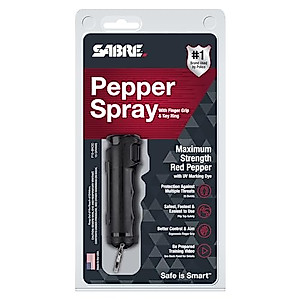 SABRE Pepper Spray with Fast Flip Top, Maximum Police Strength OC Spray, Key Ring for Easy Carry and Fast Access, Finger Grip for More Accurate and Faster Aim, 0.54 fl oz, Secure and Easy to Use