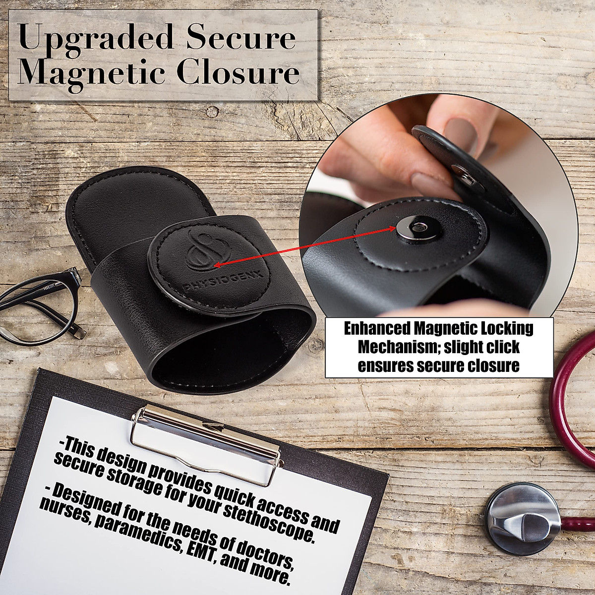 Stethoscope Holder Hip Clip With Upgraded Secure Magnetic Closure - Our Hygienic Stethoscope Clip is Designed to Hold All Brands & Styles - Includes Replacement Stethoscope Ear Tips (Obsidian Black)