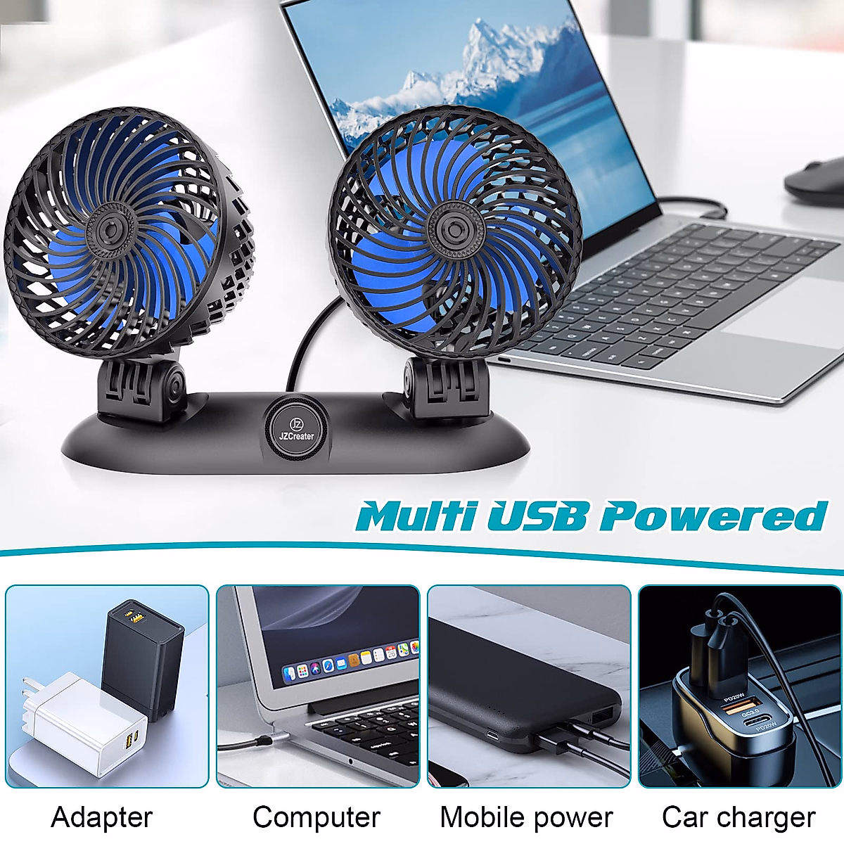 JZCreater Car Fan - Dual Head USB Desk & Portable Vehicle Cooling Fan with Variable Speed & 360°Rotation for Car Dashboard, SUV, RV, Truck, Sedan, Cruise & Office Use, Quiet & Small Fan, Black Blue