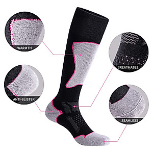 CelerSport 2 Pack Women's Ski Socks for Skiing, Snowboarding, Cold Weather, Warm Thermal Socks Winter Performance Socks Gifts for Women, Black+Rose Red, Medium