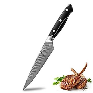 Serrated Utility Knife 5.5 Inch, XingRui Series Professional Kitchen Knife Forged with VG10 Super Steel 67-Layer Damascus, Non-slip ABS Ergonomic Triple Rivet Handle, Razor Sharp Lightweight
