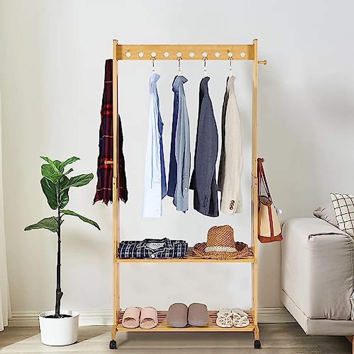 INTOBOO Bamboo Garment Rack, Clothes Hanging Rack with 2 Tier Storage Shelves, Heavy Duty Clothing Rack & Storage Organizer, Movable & Easy to Assemble