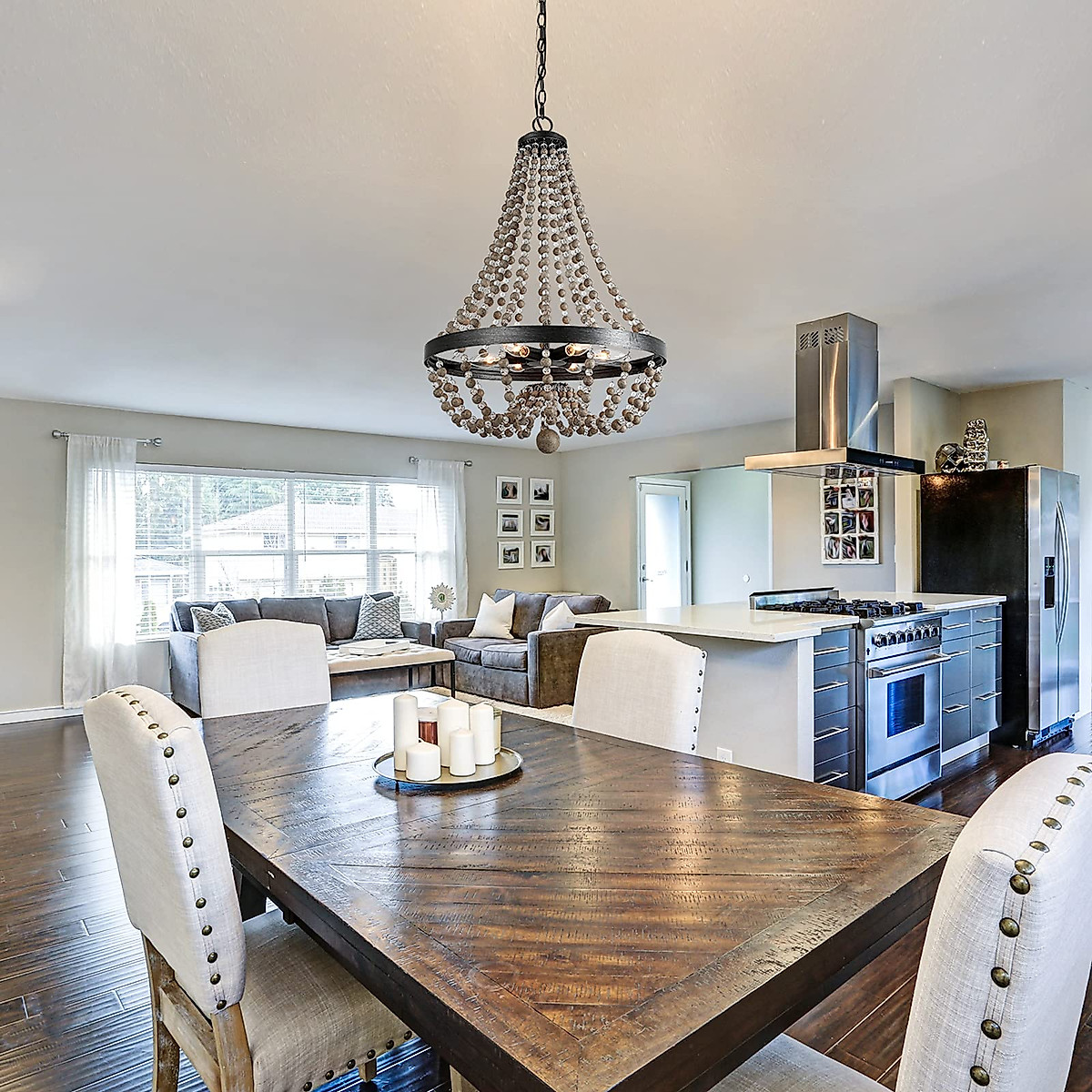 LALUZ Farmhouse Chandelier, Boho Light Fixture for Dining Room, Bedroom, Handmade Wood Beads, 6-Light, 28.3" H x 20.1" W