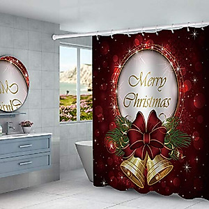 ZanLa Christmas Shower 4PCS Set Merry Christmas Shower Curtain Bathroom Floor Mat Base Mat Toilet Mat Christmas Bathroom Decoration