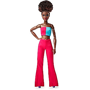 Barbie Looks Doll with Natural Black Hair in Color Block Crop Top & Raspberry Flare Pants, Posable Made to Move Body For 6 years and older