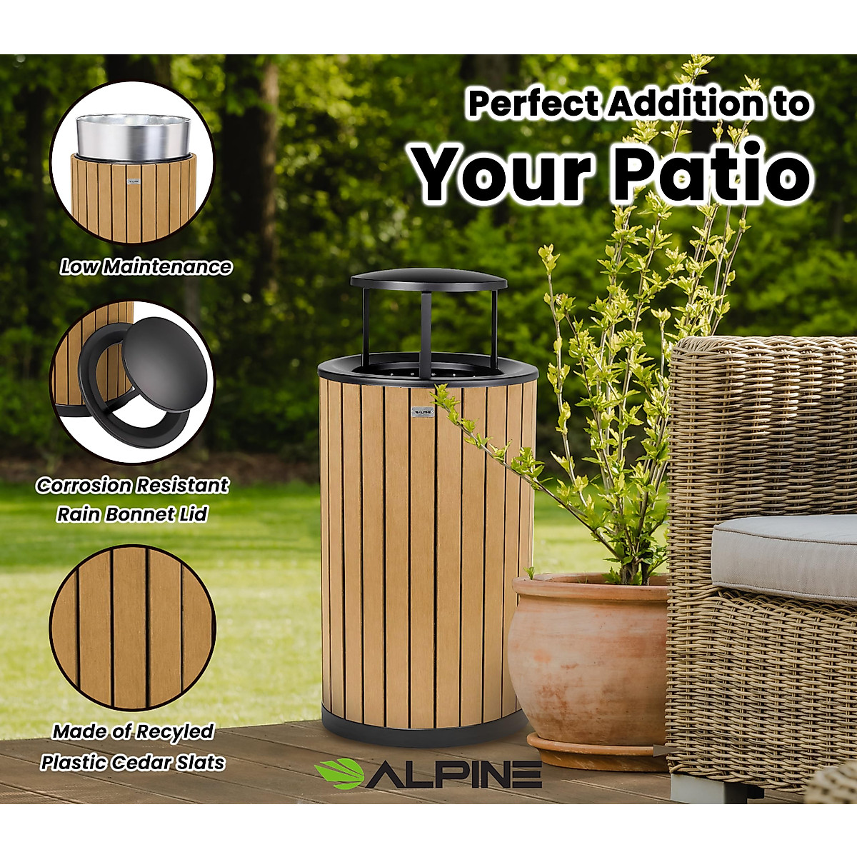 Alpine 32 Gallon Commercial Outdoor Trash Can - Heavy Duty Garbage Can Outdoor, Industrial Trash Can with Plastic Panels for Patio, Parks, Trails & Resorts (Rain Bonnet Lid - Cedar)