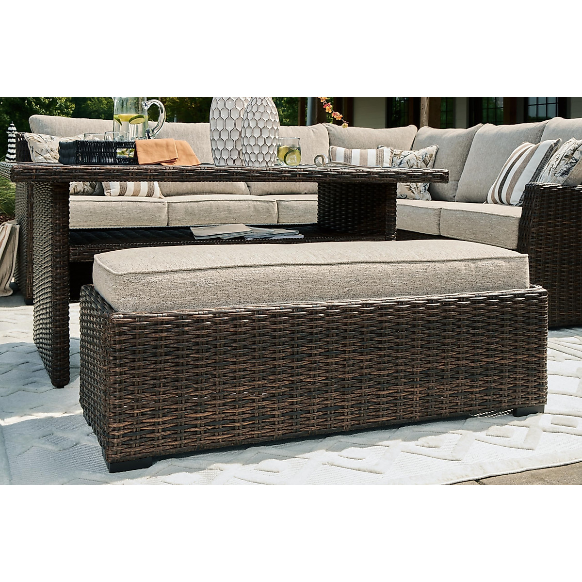 Signature Design by Ashley Brook Ranch Casual Weather Resistant Right Hand Facing Outdoor Sofa Sectional/Bench with Cushion and 6 Throw Pillows, Set of 3, Beige & Dark Brown