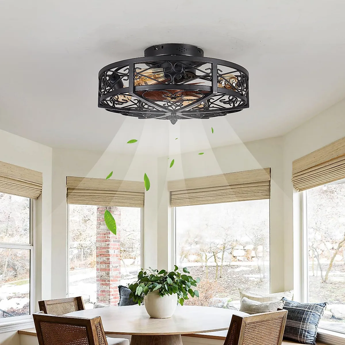 MeZeYo 20" Caged Farmhouse Flush Mount Ceiling Fan with Light and Remote Control Bladeless Low Profile Ceiling Fans with Lights Enclosed Vintage Fan 6 Speed Reversible for Kitchen, Bedroom