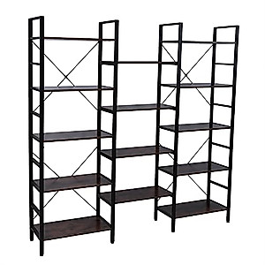 Industrial Bookshelf, Triple Wide 5-Tier Tall Open Bookcase Vintage Book Case with Storage Display Shelves, Wood Metal Standing Book Shelf Organizer for Home Office, Brown