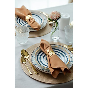 10-Piece Set All in 1 Dinnerware Set for 1 Person Dish Set Blue & White Cute Single Person Farmhouse Dinnerware 2 White Plates/Gold Cutlery/Cotton Place Mat/Napkin/Napkin Holder/Water Glass