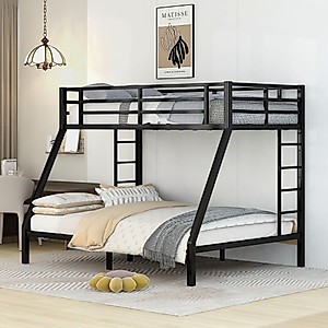 Twin XL Over Queen Bunk Bed for Boys/Girls/Teens/Adults, Heavy-Duty Metal Bunk Beds Frame with 2 Ladders & Full-Length Guardrail, Under Bed Storage Space, Noise Reduced, No Box Spring Needed