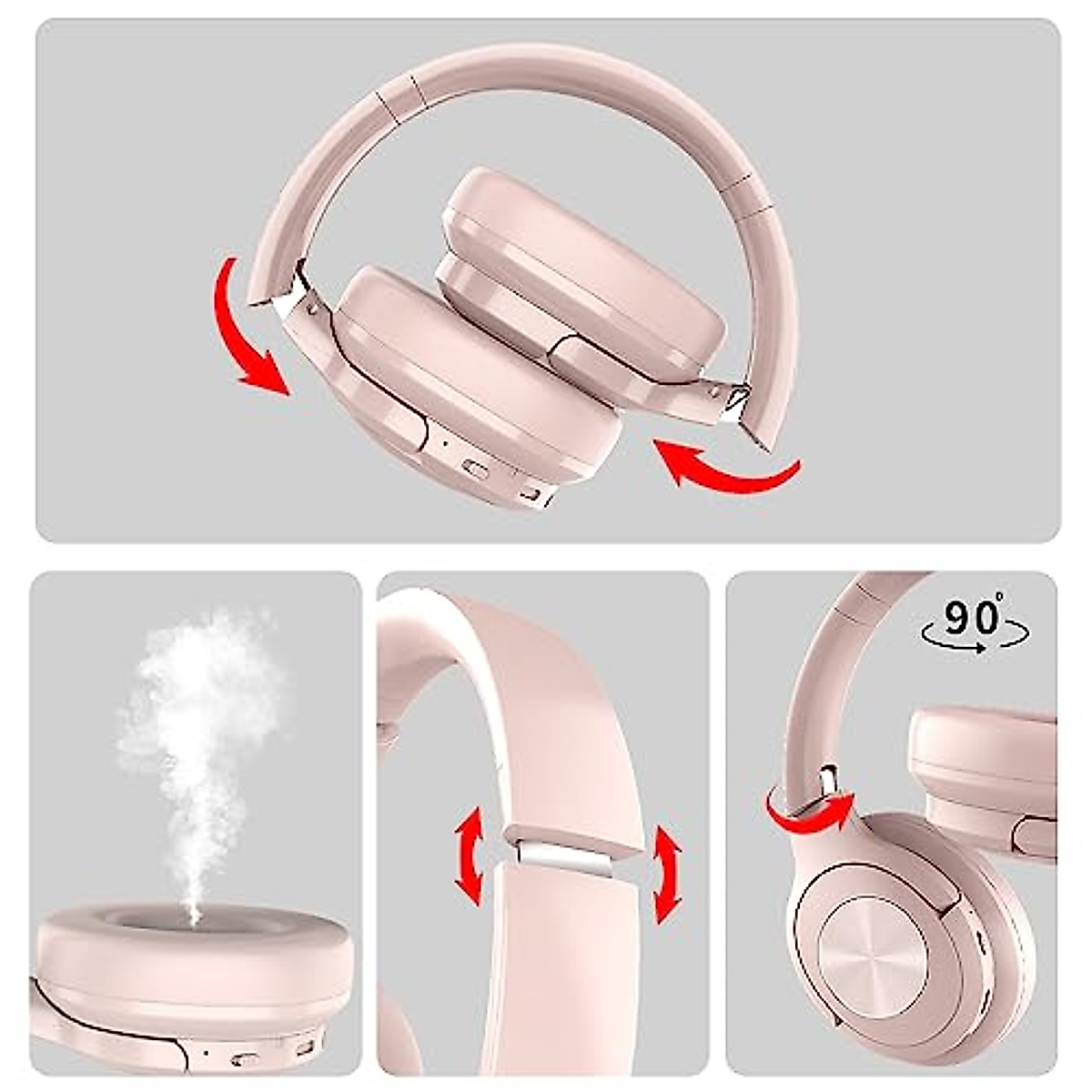 Wireless Bluetooth Headphones Over Ear 65 Hours Playtime Foldable Deep Bass HIFI Stereo Wireless On Ear Headsets with Microphone Noise Isolating, Lightweight Soft Earmuff, For Phone,TV,Travel Pink