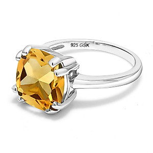 Gem Stone King 925 Sterling Silver Yellow Citrine Double Prong Ring For Women (3.22 Cttw, Cushion Cut 10MM, Gemstone Birthstone, Available In Size 5, 6, 7, 8, 9)