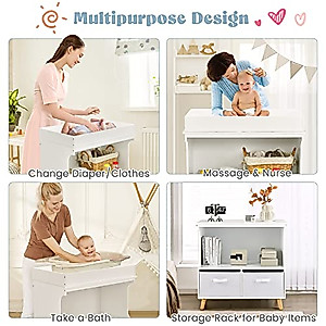 INFANS Baby Changing Table, Wood Diaper Dresser Station with Waterproof Pad 2 Storage Baskets Drawers Shelves and Safety Belt, Nursery Organizer Stand for Newborn Infant,White