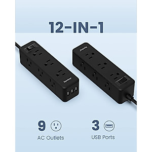 Power Strip Surge Protector, 9 Widely Spaced Outlets with 3 USB Ports, 3 Side Outlet Extender with 6.5 Ft Extension Cord, 1050 Joules, Flat Plug, Wall Mount Charging Station for Home Office Dorm Black