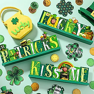 3 Pcs St. Patrick's Day Table Decoration Wood Happy St Patrick's day Sign Irish Lucky Table Centerpiece Green Shamrocks Leprechaun Table Topper Sign for St. Patrick's Day Party Home Table Decor