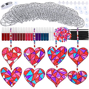 Winlyn 24 Sets Heart Suncatchers Ornaments Decorations DIY Window Paint Art Stickers Crafts Heart Sun Catchers Kits for Kids Valentine's Day Pirate-Themed Birthday Activities Party Favors Art Project