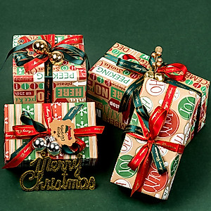 RUSPEPA Christmas Wrapping Paper, Kraft Paper - Snowflakes, Red and Green Stripe and Christmas Greetings - 4 Rolls - 30 inches x 10 feet per Roll