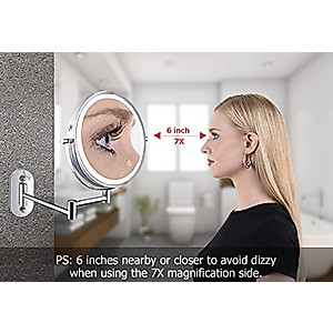 Rechargeable Lighted Wall Makeup Mirror, 2-Sided 1X 7X Magnifying, 8 Inch Lighted Wall Mount Mirror with Medical-Grade 3 Color Lights, Touch Screen Dimming, Extended Arm 360 Rotation (Chrome)