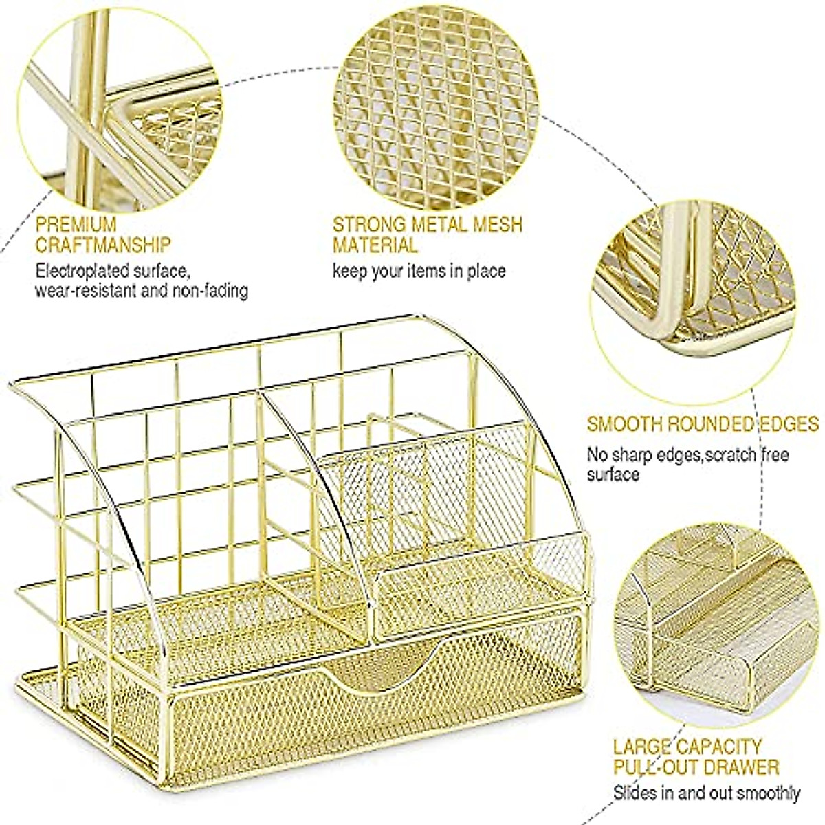 POPRUN Desk Organizers and Accessories for Women with Drawer, Cute Desk Supplies and Stationary Oganizer for Home and Office Desk Decor, Metal Mesh Desk Organization and Storage (Gold)