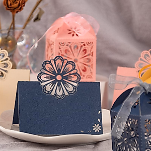 Table Card for Wedding Bride Shower Dinner, Reception, Banquet, Buffet Food, Seating Place Cards for Tables, Scored for Easy Folding, Hollow Flower Design, 50 Pack (Platinum)