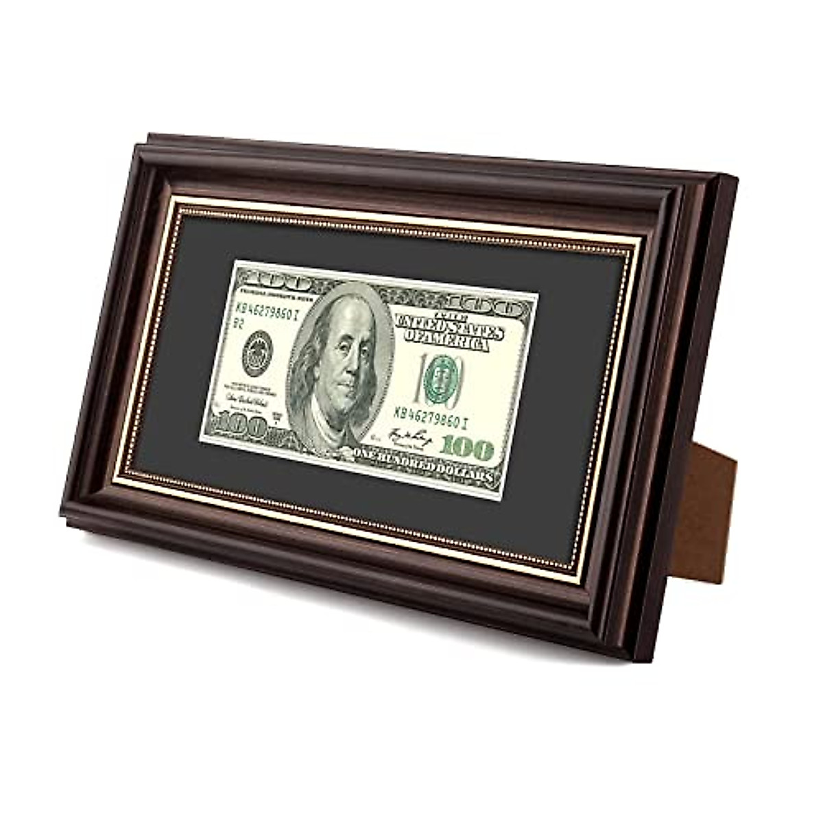 AUEAR, Dollar Bill Frame with Black Mat or 4x9 Business License Holder Without Mat, Easel Stand/Wall Mount, Tempered Glass (Dark Brown with Black Mat, 2-Pack)
