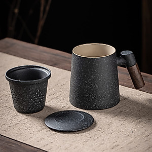 Fosenw Ceramic Tea Mug,Tea Cup with Lid,Infuser and Wooden Handle,12 oz,Bluestone