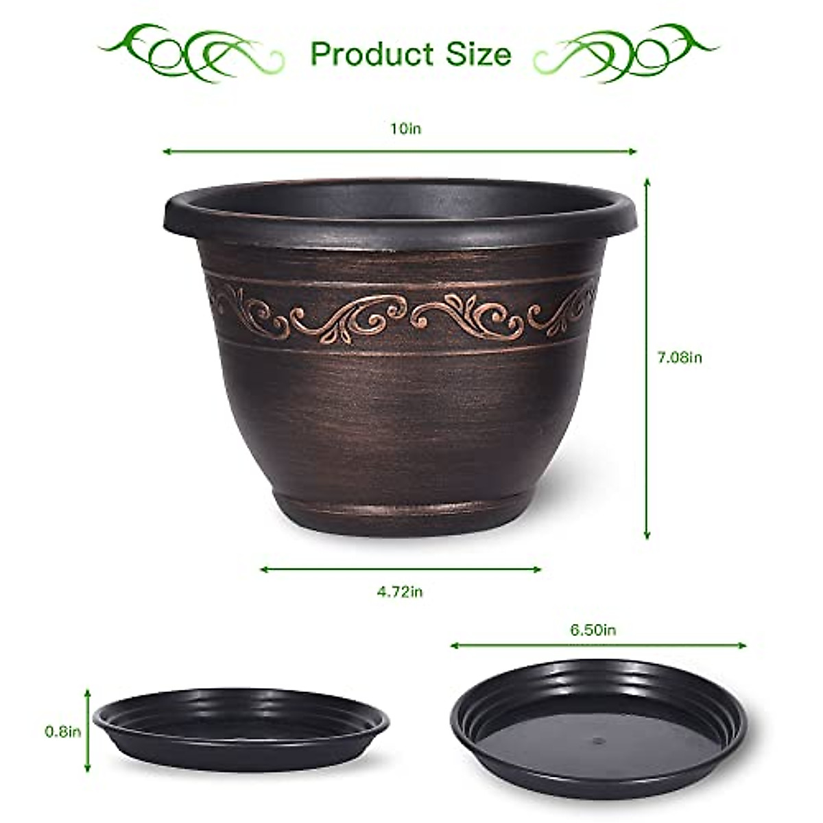 Plastic-Plant-Flower-Planters-10 Inch With Drainage Hole & Saucer, 3 Packs Lightweight Small Resin Flower Pot Indoor Outdoor, Retro Antique Imitation Decorative Garden Containers Sets For Houseplants