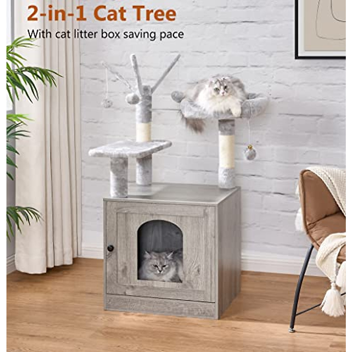 BEWISHOME Cat Litter Box Enclosure All-in-one Cat Tree with Litter Box Furniture Hidden Cat Tower with Plush Perch Scratching Posts Modern MMJ82Q