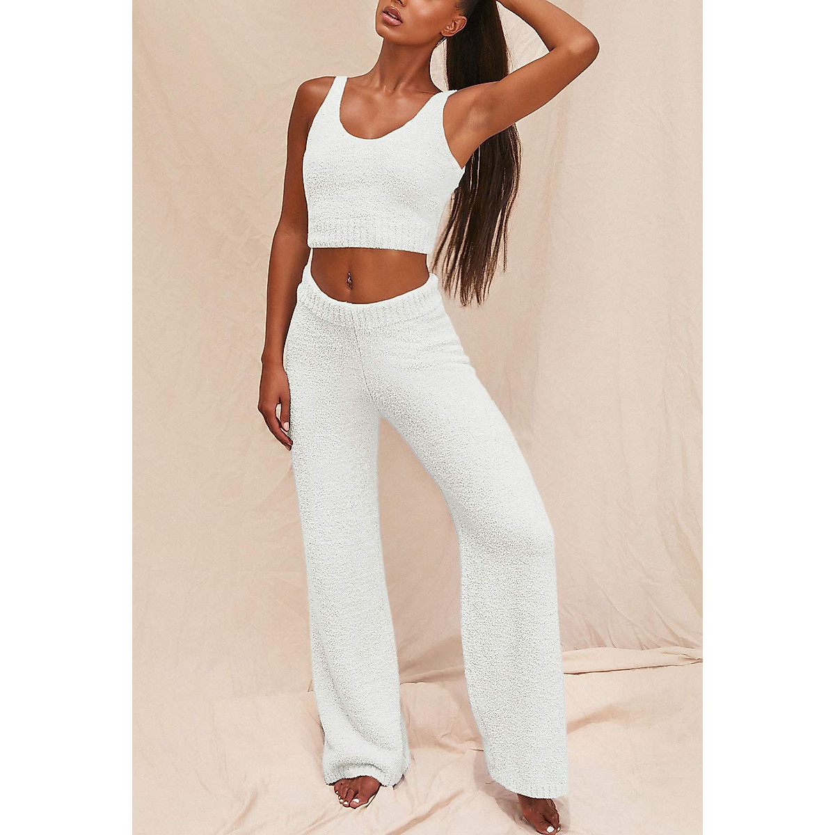 Fixmatti Women's Fuzzy 3 Piece Sweatsuit Open Front Cardigan Crop Tank Tops Wide Legs Pants Lounge Sets (Small, 1-White)