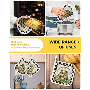2Pcs Pot Holder with Hanging Loops, Farmhouse Pot Holder Set Cotton Heat Resistant Potholder Kitchen Hot Pads for Baking Cooking 8x8 inches Sunflower Gnome on The Truck with Black White Frame