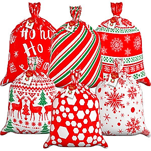 Large Christmas Gift Bag for Christmas Presents- 6Pcs Jumbo Plastic Christmas Red and White Gift Bags with Gift Tags and Ribbon for Christmas Big Gift Wrapping Holiday Goody Bag Party Favor Supplies