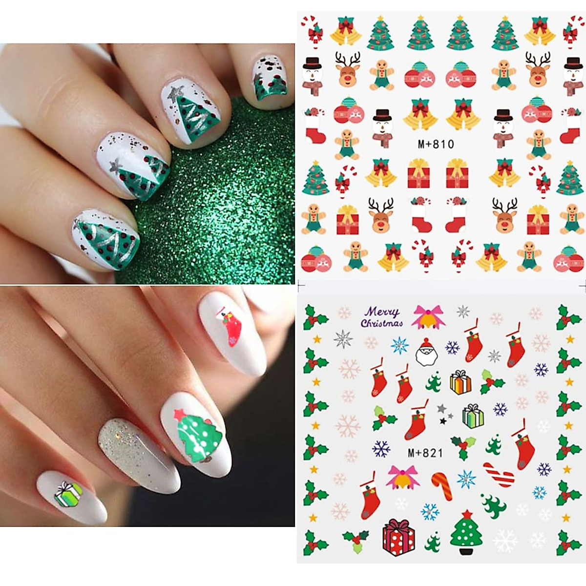 Christmas Nail Art Stickers, Snowflake Nail Decals Water Transfer Winter Nail Stickers Colorful Snowflake Santa Claus Snowman Bell Xmas Tree Sock Elk Nail Tattoo Stickers for Women Girls Kids (12