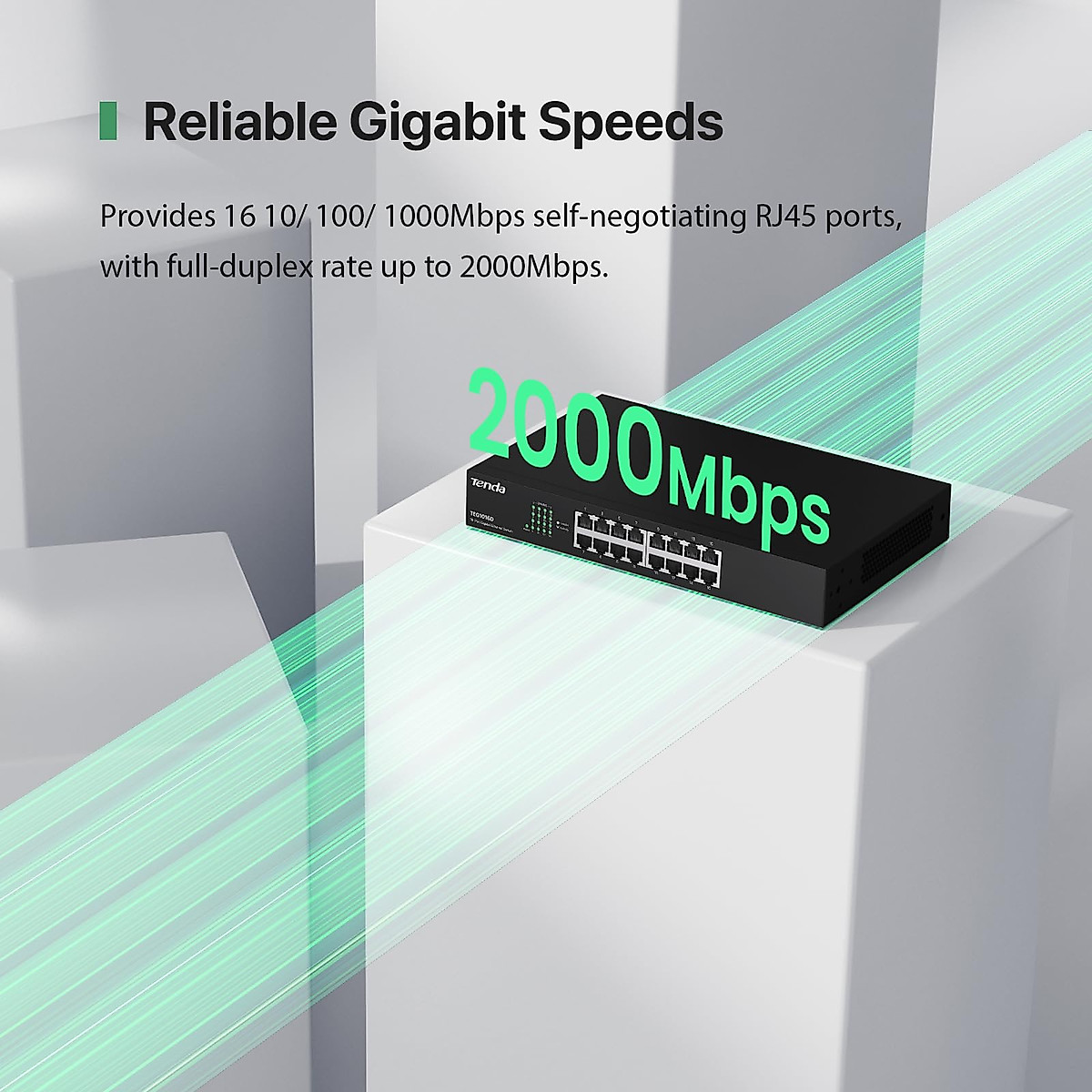 Tenda TEG1016D, Unmanaged 16 Port Gigabit Switch, Rackmount Ethernet Switch, Plug & Play, Fanless & Metal Design Network Switch, Limited Lifetime Protection